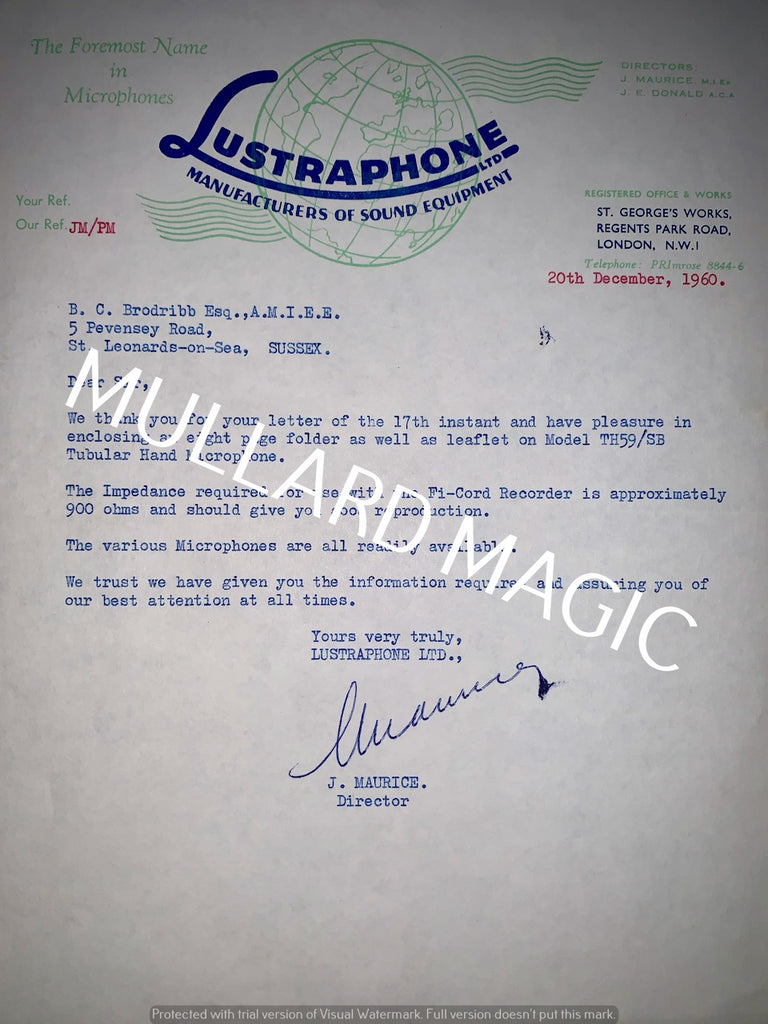 LUSTRAPHONE, LETTERHEAD, 1960 – MULLARD MAGIC