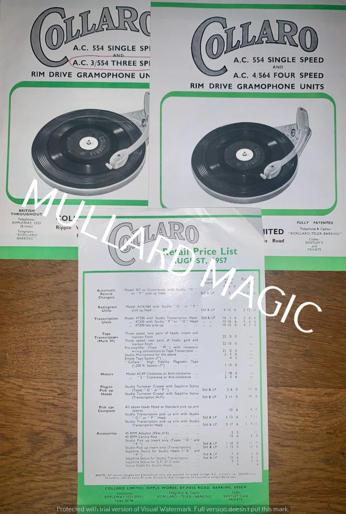 COLLARO, TURNTABLE DOCUMENTS X3, AC3/554, AC4/554, AC/554 – MULLARD MAGIC