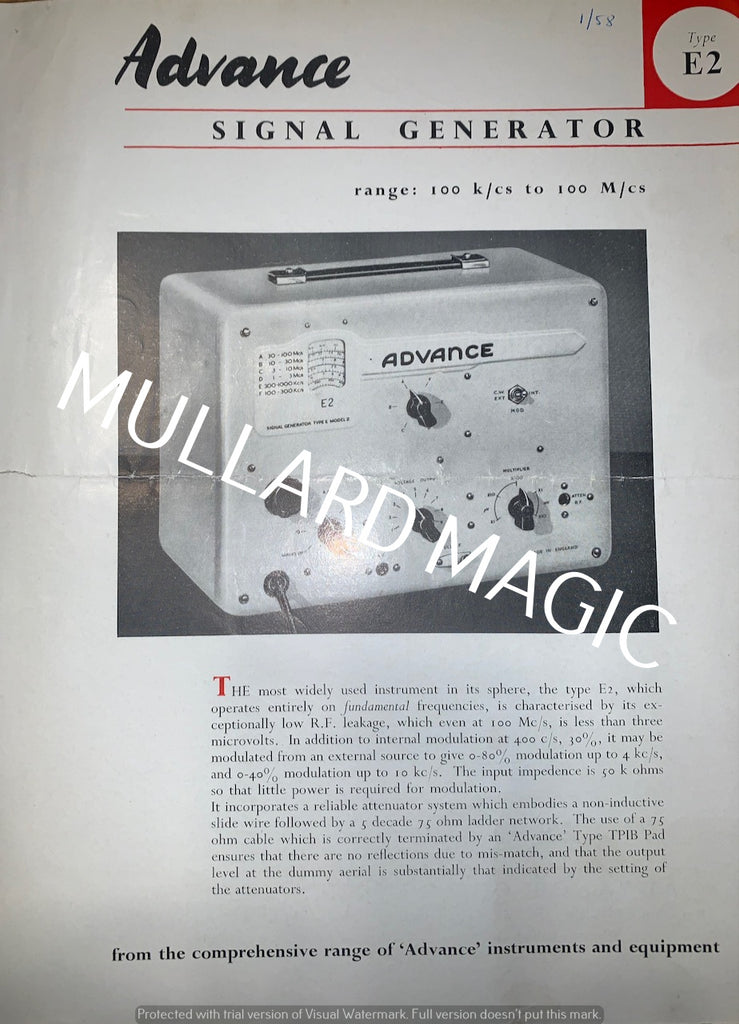 ADVANCE, E2, LEAFLET, 1958 – MULLARD MAGIC
