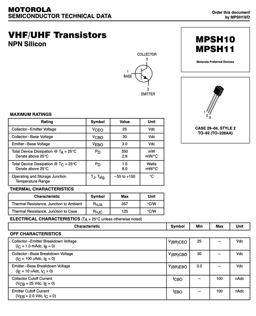 Motorola, MPSH10, VHF Transistor, TO-92 Silicon, Gold Leads, NPN, Pack ...