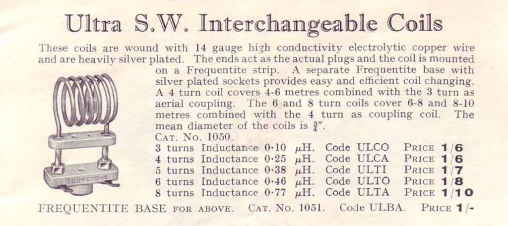 EDDYSTONE, ULTRA SHORT WAVE, INTERCHANGEABLE COIL, CAT No. 1050, 11 TU ...