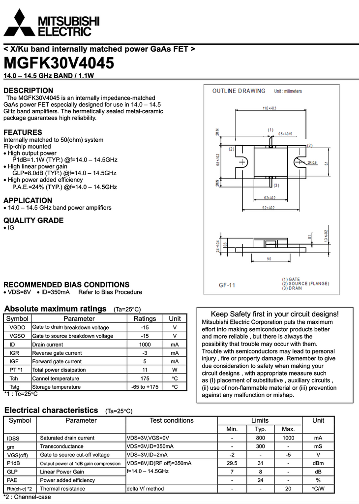 Mitsubishi, Semiconductor, MGFK30V4045, GaAs FET, NEW IN ORIGINAL PACK ...