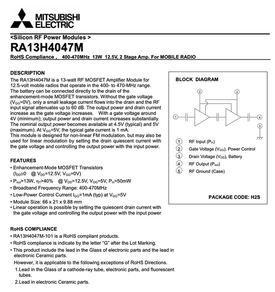 Mitsubishi ,RA13H4047M, RF Power Amplifier Module, – MULLARD MAGIC