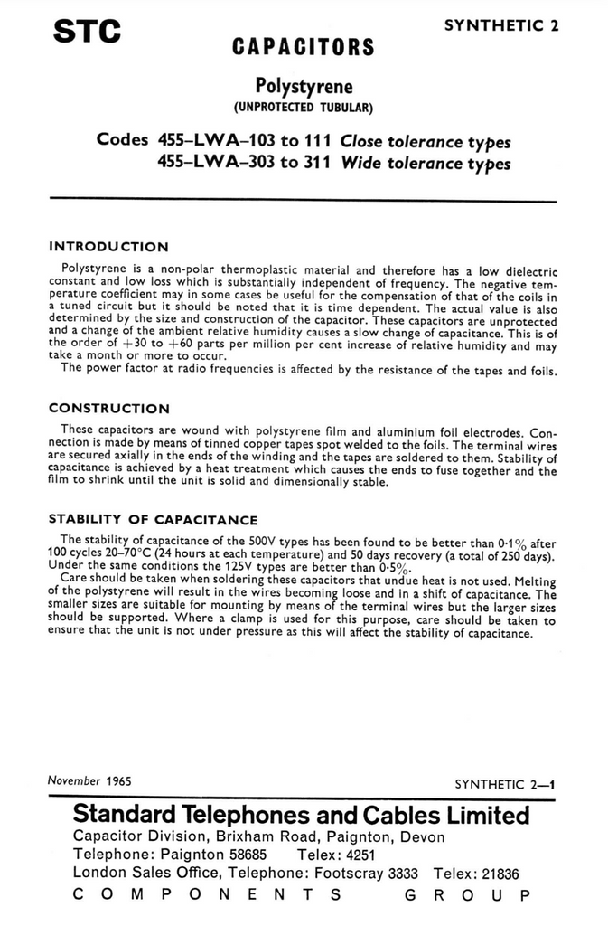 STC, POLYSTYRENE CAPACITOR, CLOSE TOLERANCE TYPE, 455-LWA-105, 636pF 1 ...